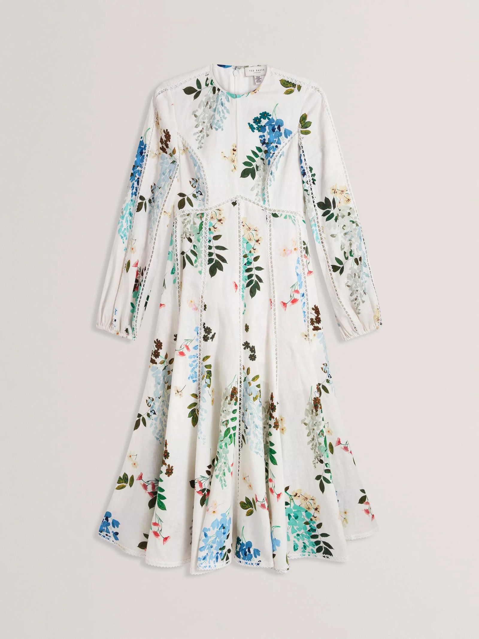 TED BAKER Utala Floral Trim Detail Linen Midi Dress | endource