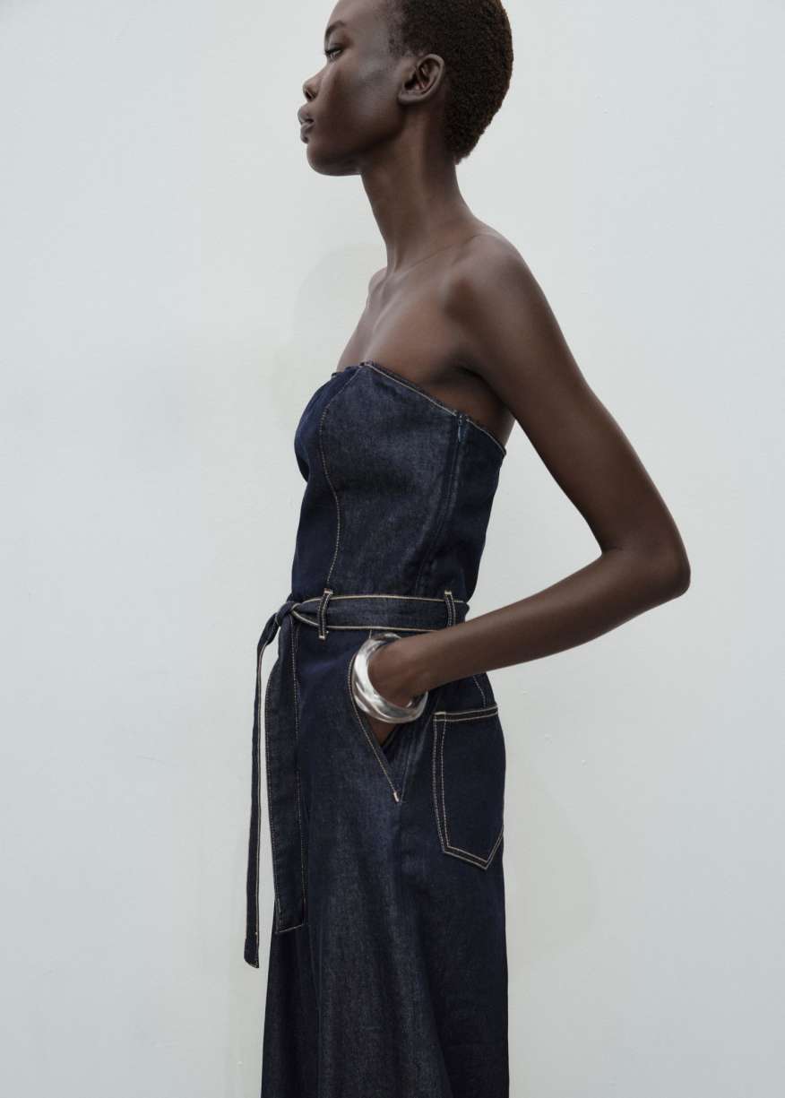 MANGO Bandeau Belted Denim Jumpsuit In Indigo | endource