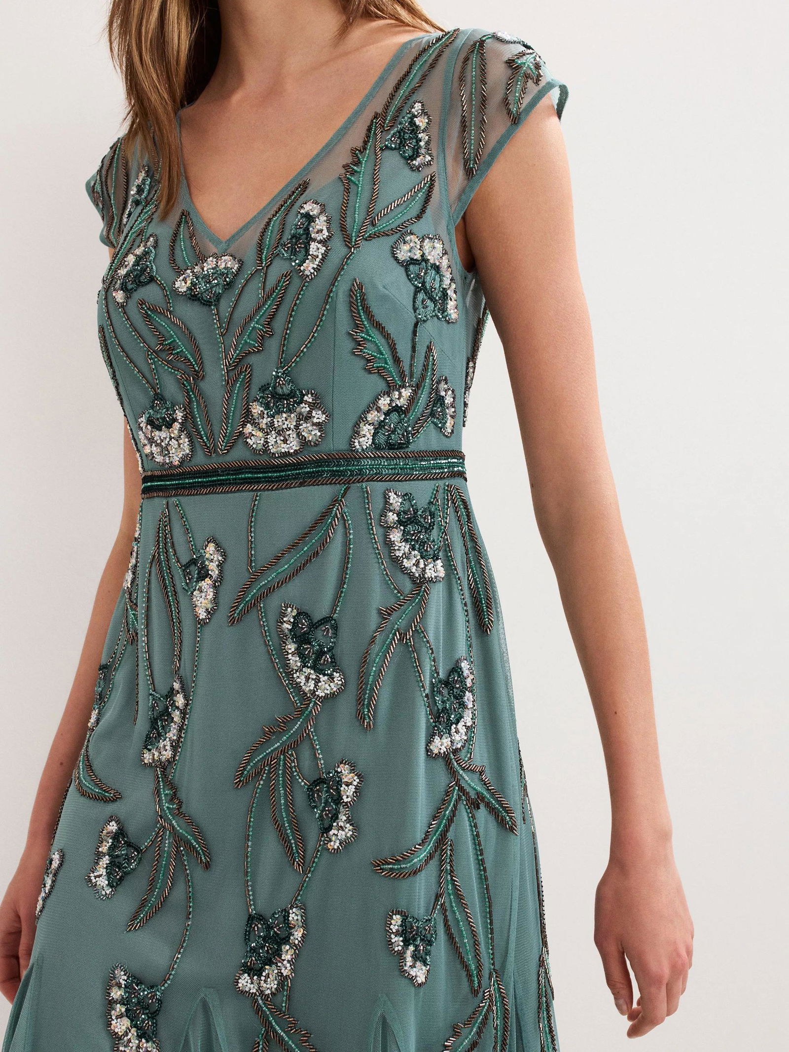 PHASE EIGHT Evonne Cap Sleeve Beaded Midi Dress, Pale Green | endource