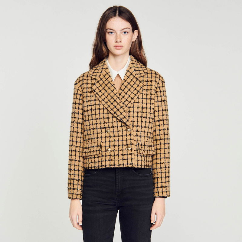 SANDRO Tweed Jacket in Camel / Black | Endource