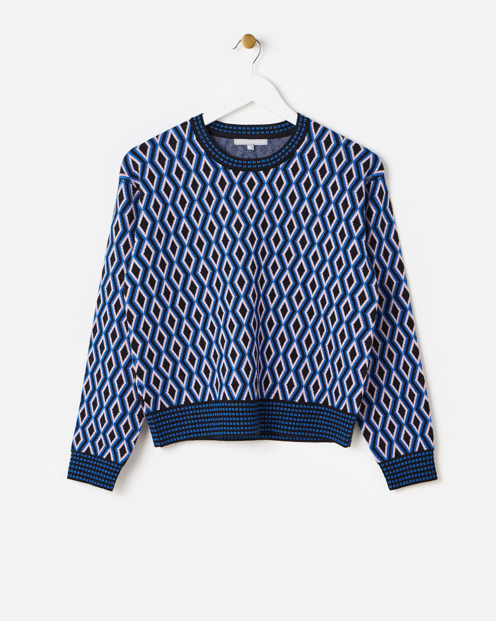 OLIVER BONAS Geometric Tile Knitted Jumper in Blue | endource