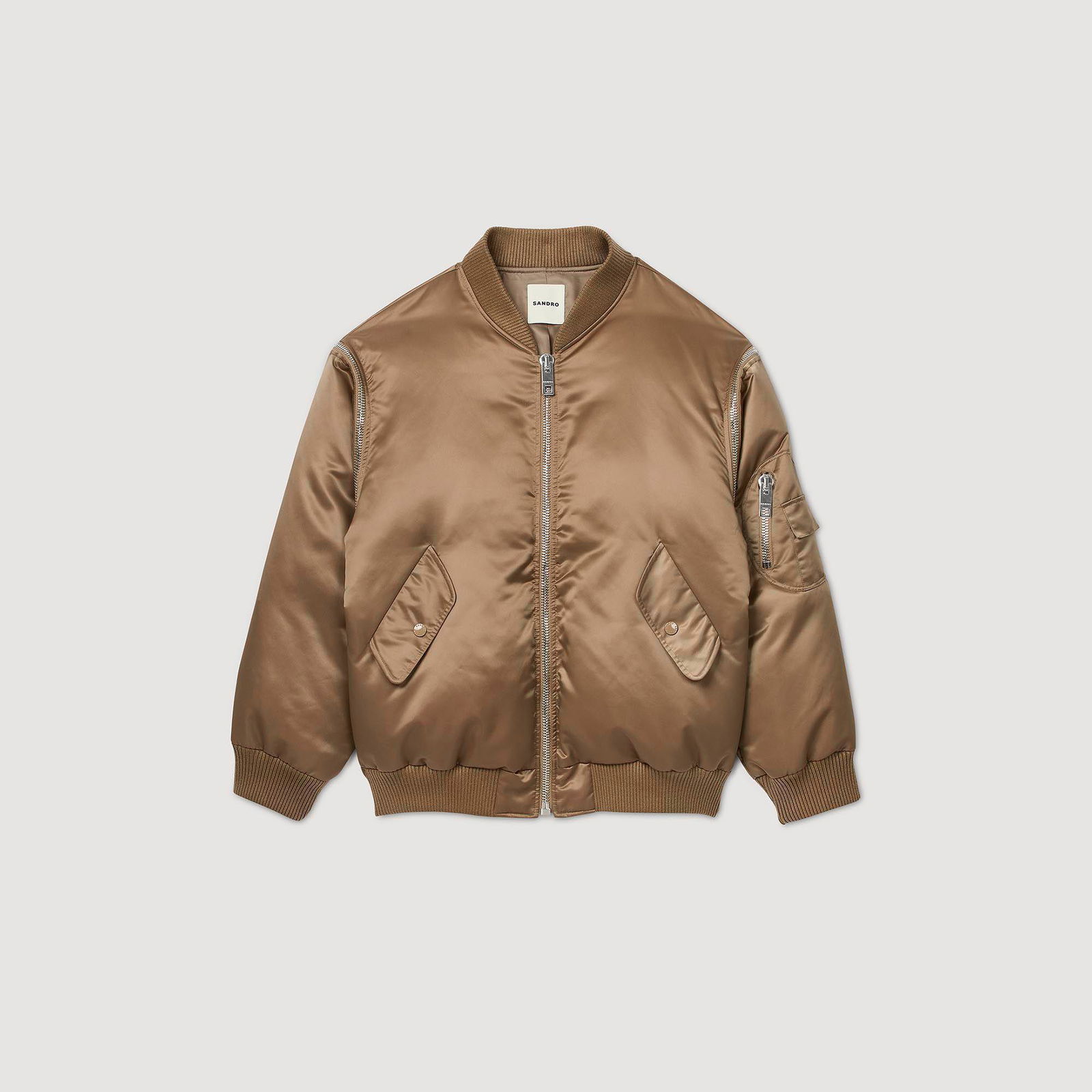SANDRO Satin-Look Bomber Jacket in Beige | endource