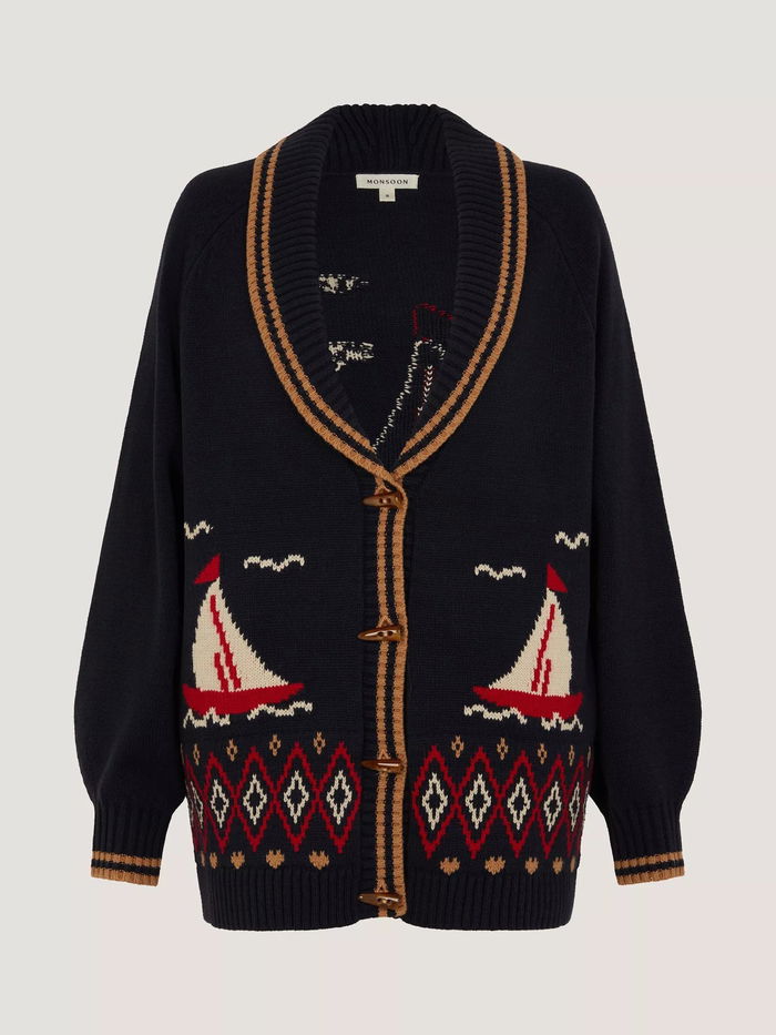Monsoon Sapna Sailor Cardigan, Navy | endource