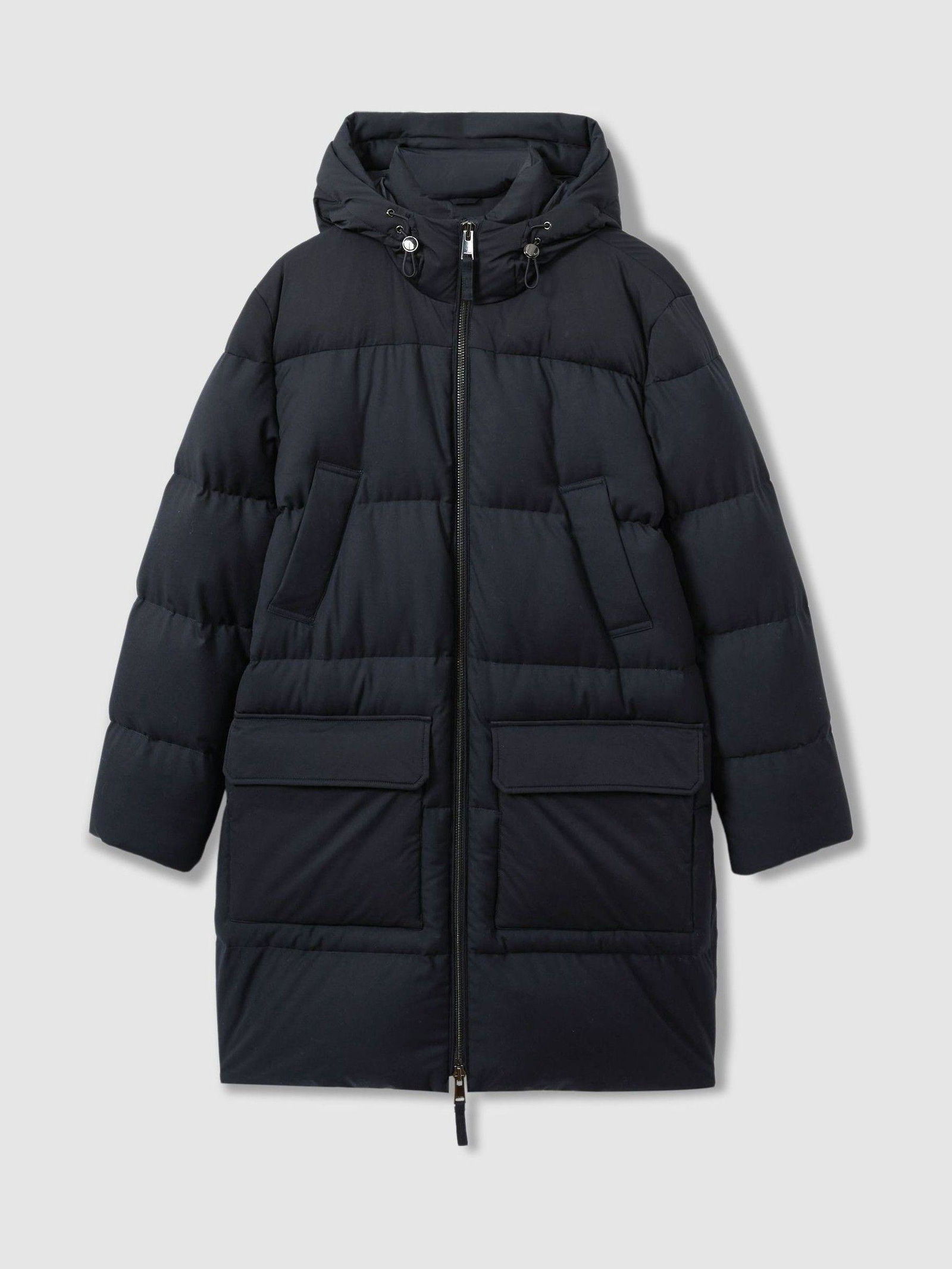 REISS Quilted Longline Puffer Jacket in Navy | endource