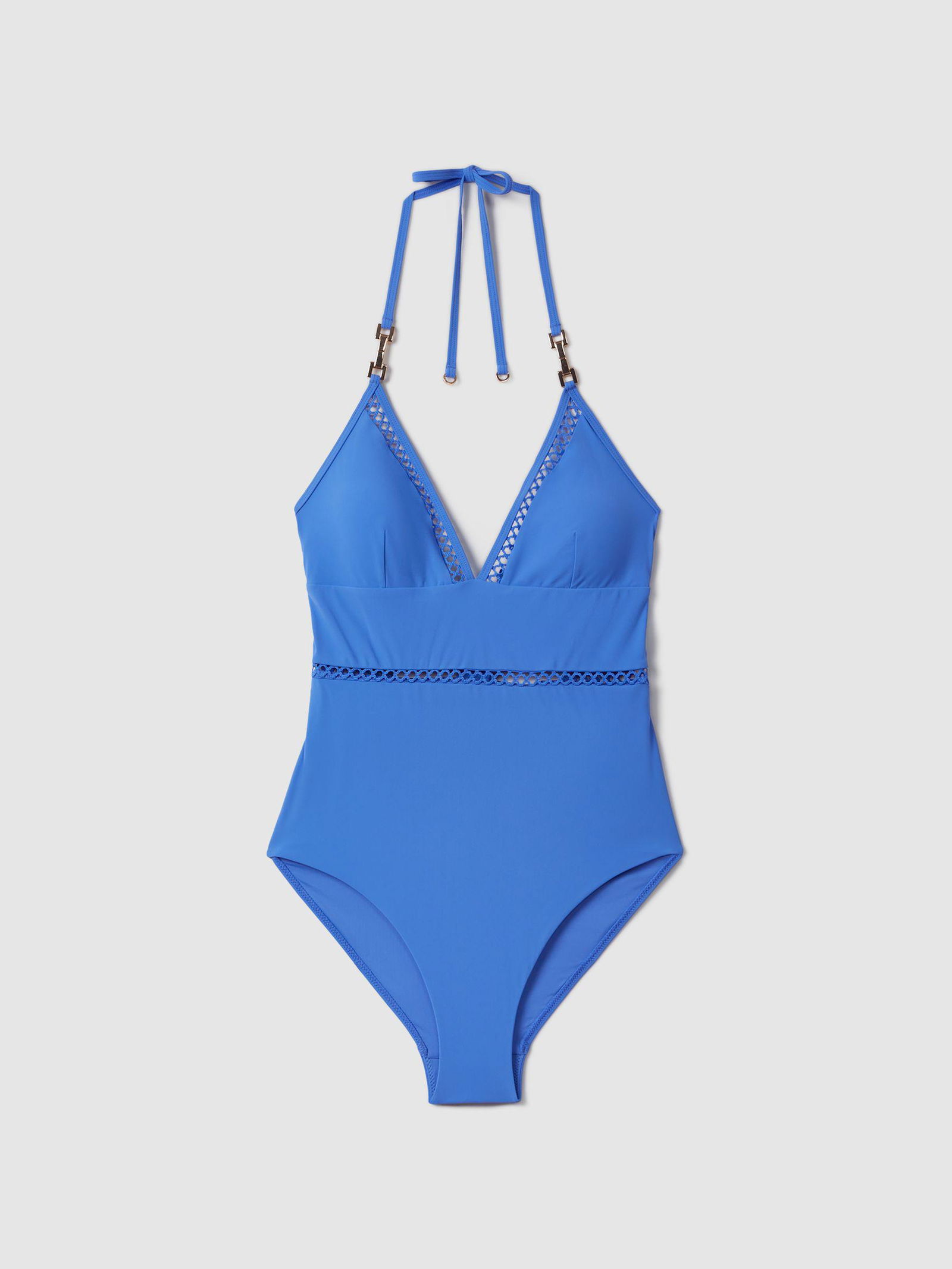 Reiss Lattice Halter Neck Swimsuit In Light Blue Endource
