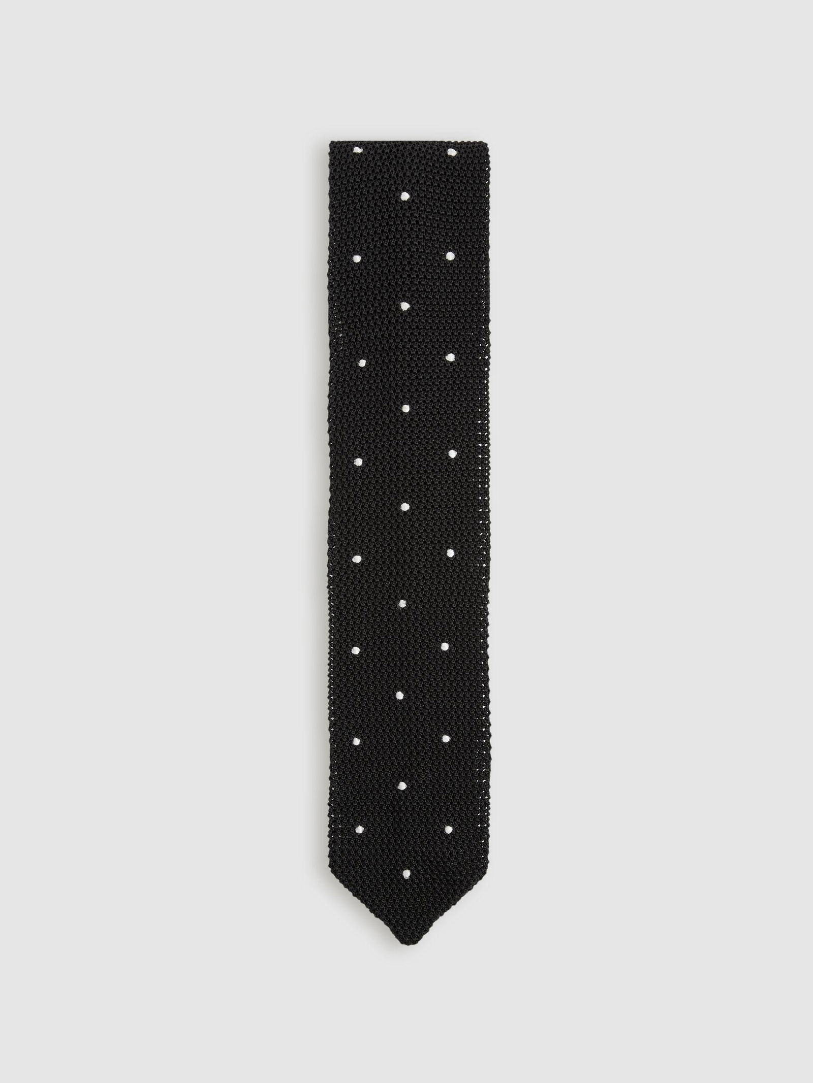 REISS Silk Knitted Pin-Dot Tie in Black | endource