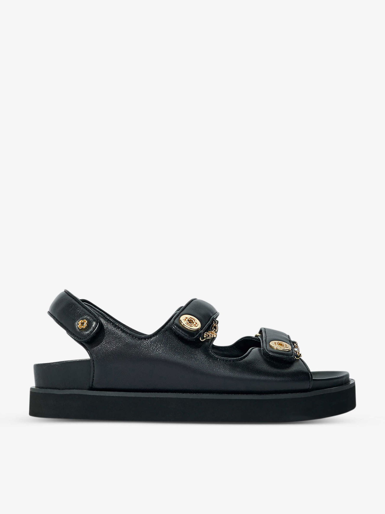 MAJE Clover-Embellished Flat Leather Sandals in Noir / Gris | endource