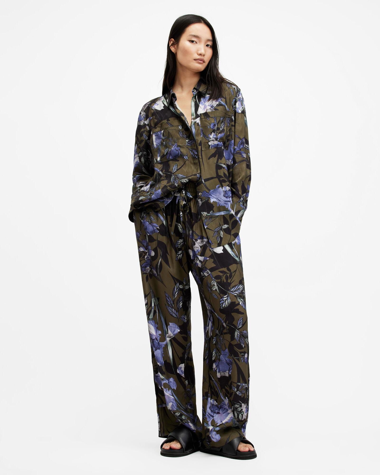 ALLSAINTS Tyler Straight Fit Printed Trousers in Deep Khaki Green ...