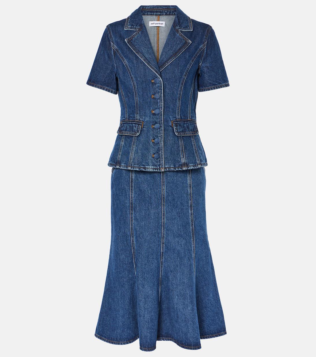 SELF-PORTRAIT Flared Denim Midi Dress in Blue | Endource