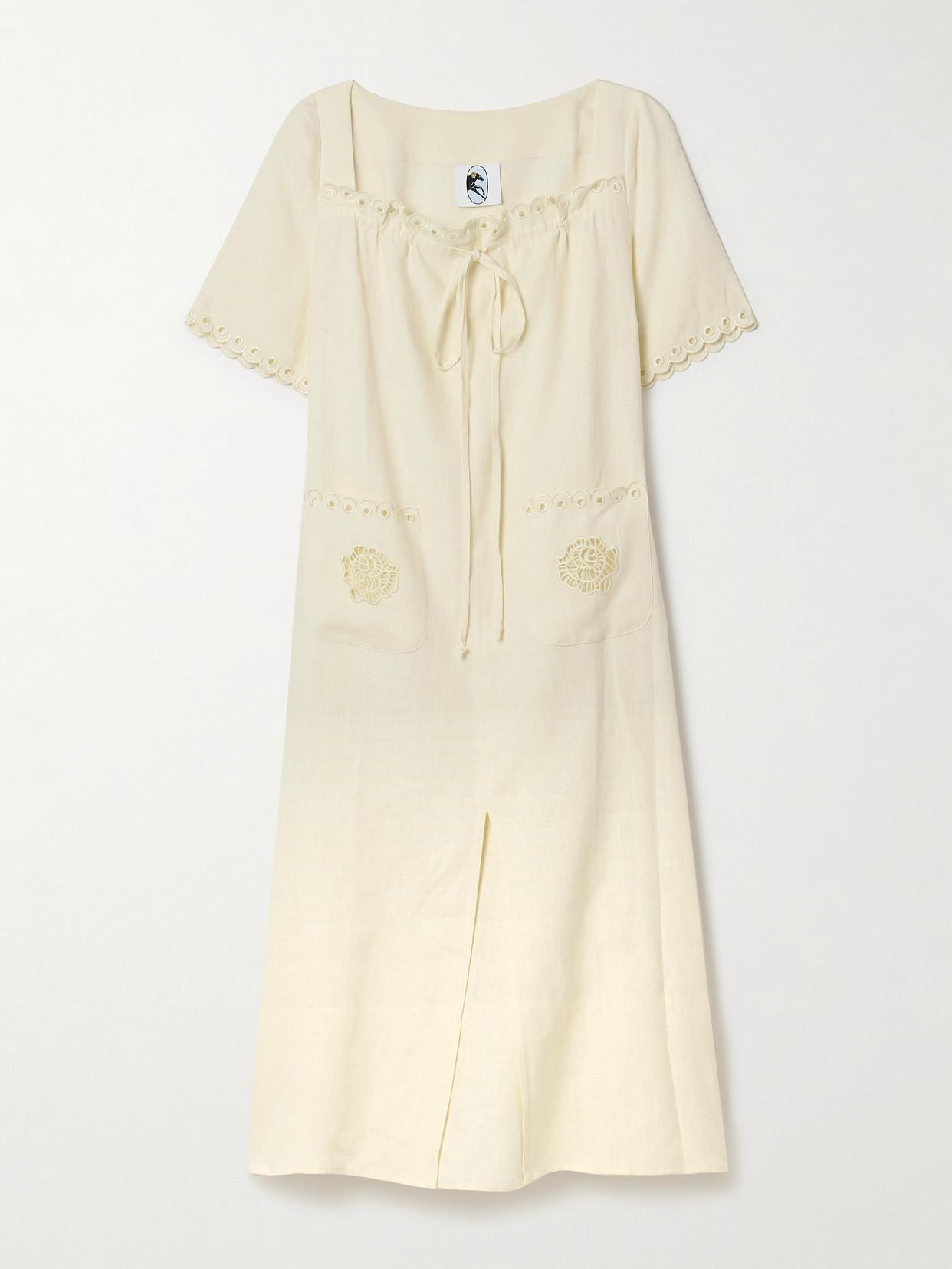 SLEEPER Sofia Broderie Anglaise-Trimmed Linen Midi Dress in White | Endource