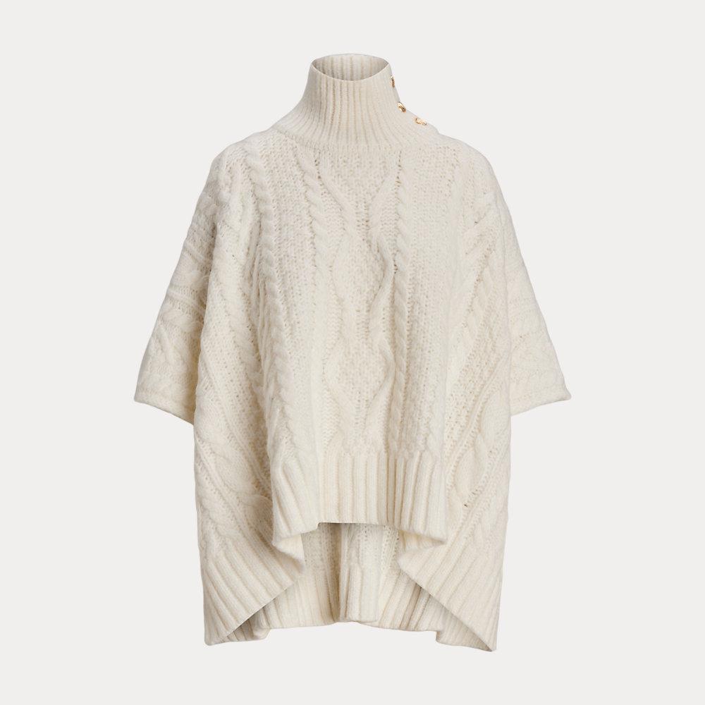 LAUREN RALPH LAUREN Button-Trim Cable-Knit Mockneck Poncho in Cream | endource