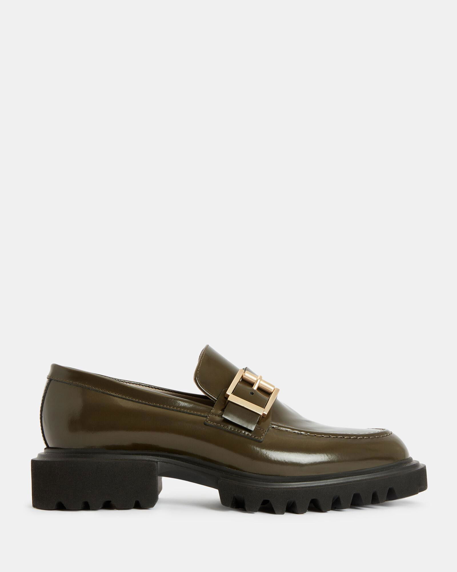ALLSAINTS Emily Buckle Patent Leather Loafer Shoes in Bronze Green ...