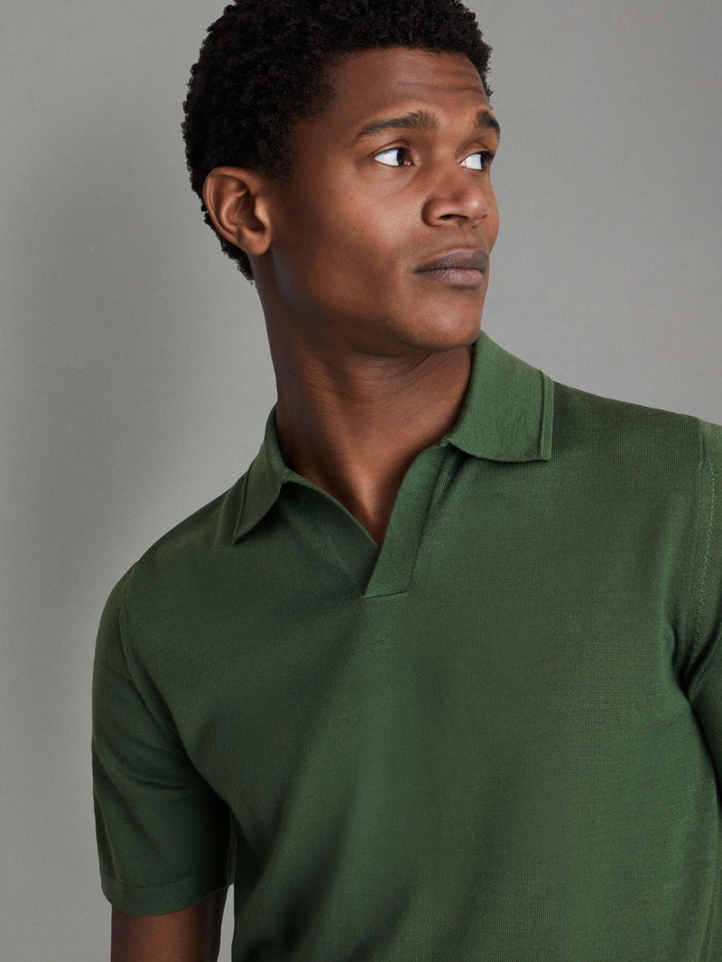 REISS Duchie Merino Wool Open Collar Polo Shirt in Lizard Green | Endource