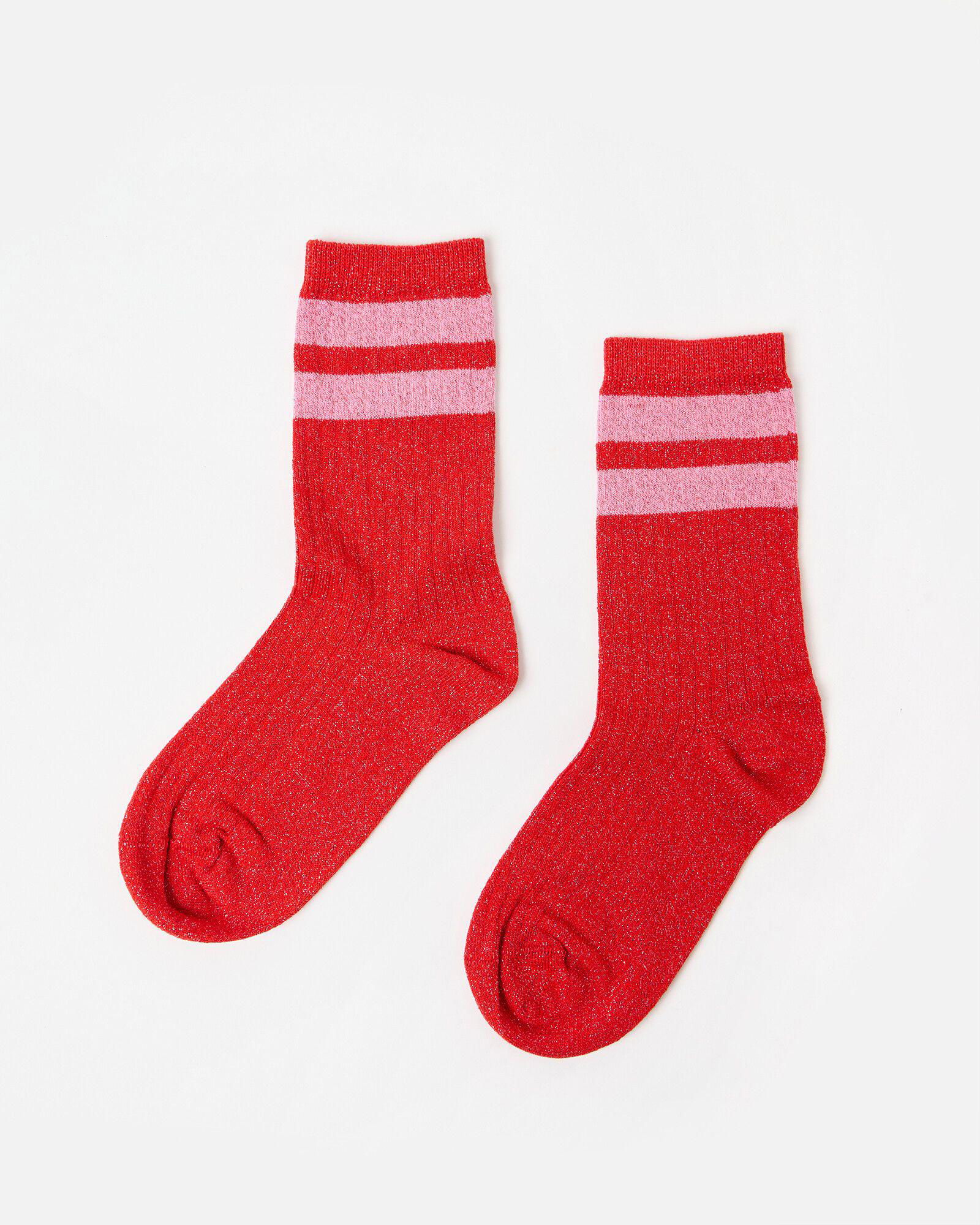 OLIVER BONAS Glitter Stripy Ribbed Ankle Socks in Pink/Red | Endource