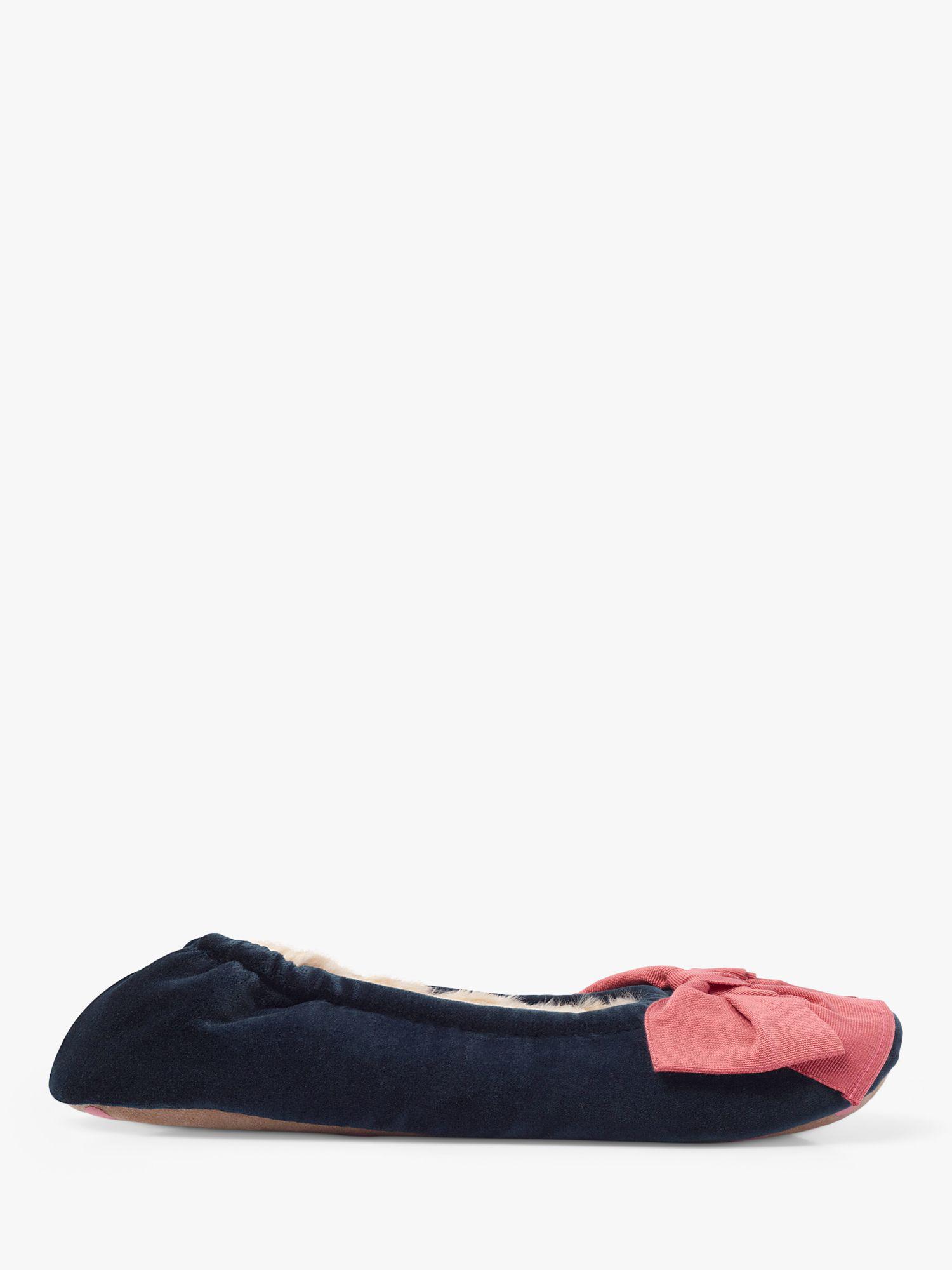 BODEN Cosy Velvet Bow Slippers in Navy/Dusty Rose | endource