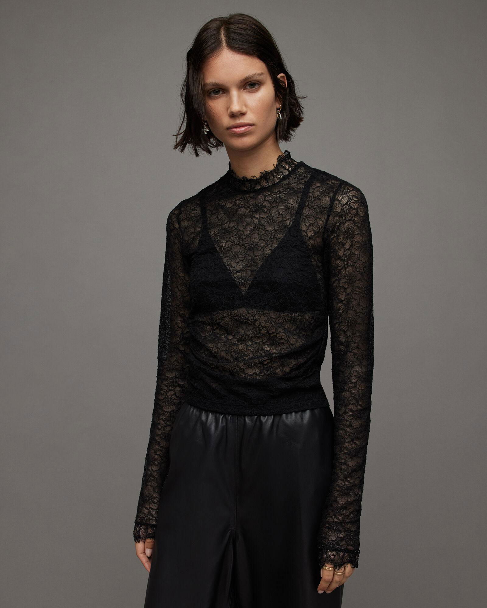 ALLSAINTS Francesco Long Sleeve Sheer Lace Top in Black | Endource
