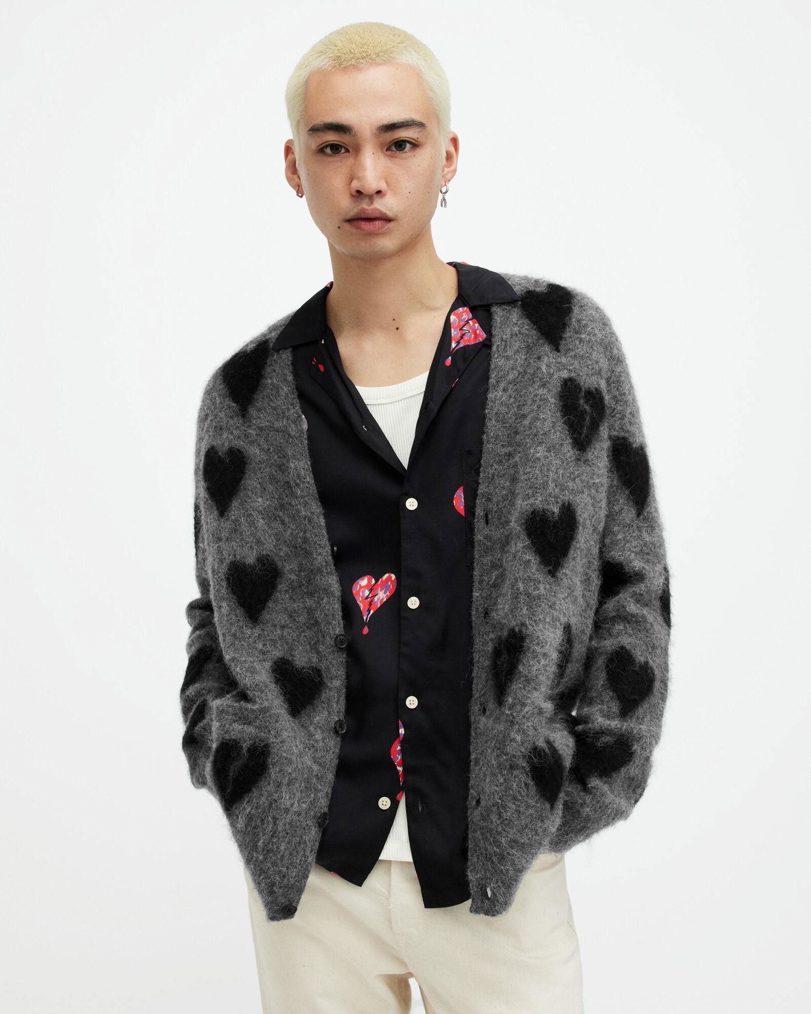 ALLSAINTS Amore Heart Motif Relaxed Fit Cardigan in Grey/Black | endource