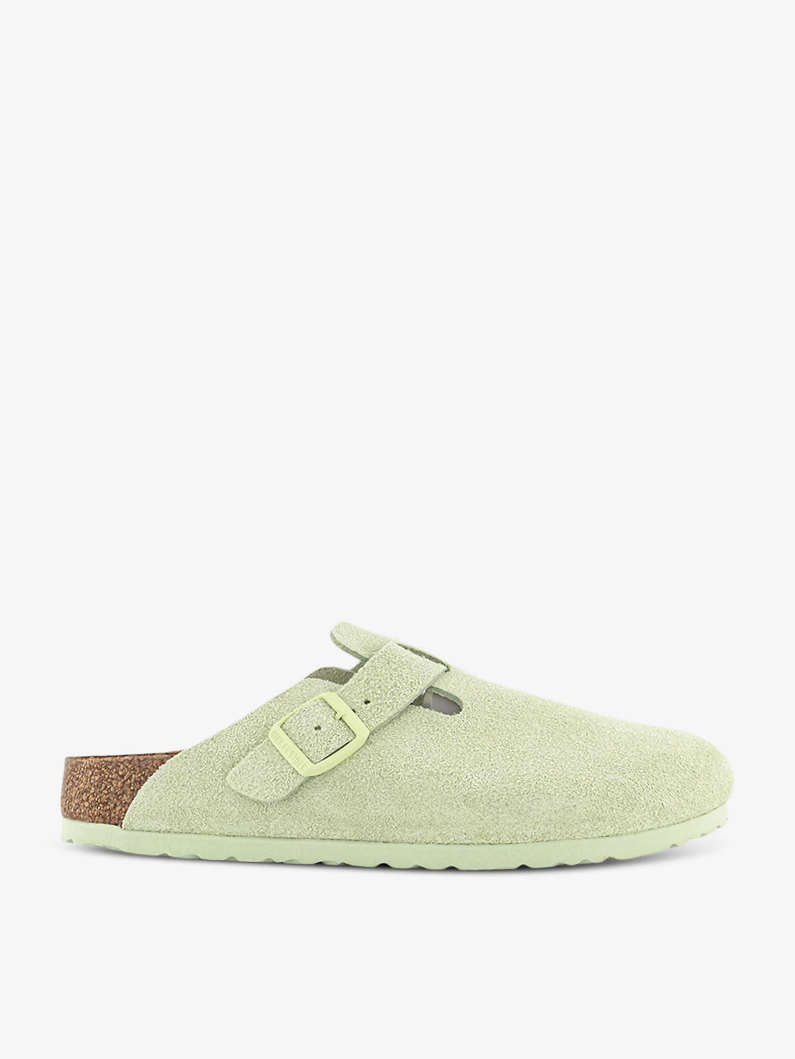 BIRKENSTOCK Boston Logo-Embossed Suede Clogs in Faded Lime | endource