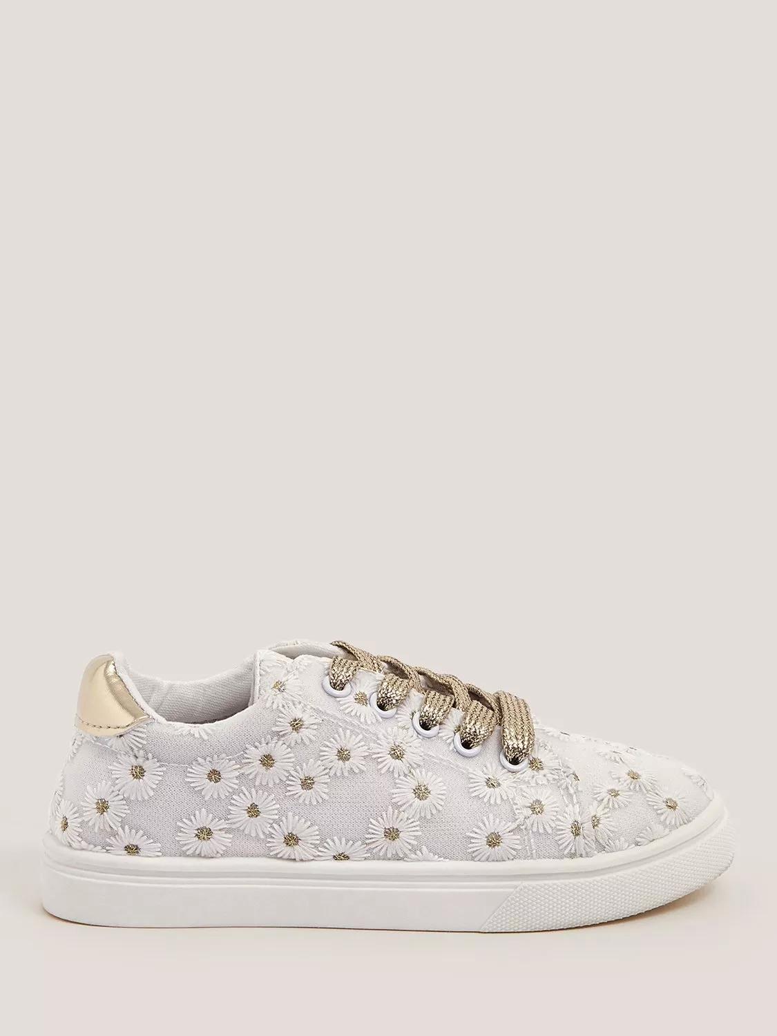 Monsoon Flowal Embroidered Trainers in White/Gold | endource