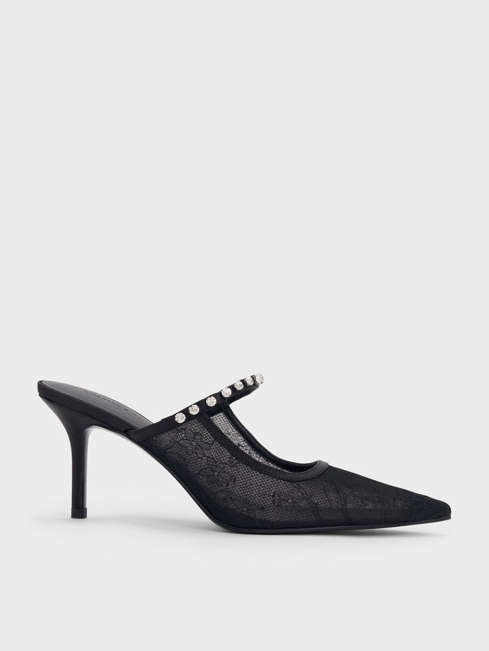 CHARLES & KEITH Lace & Satin Crystal Heeled Mules | endource