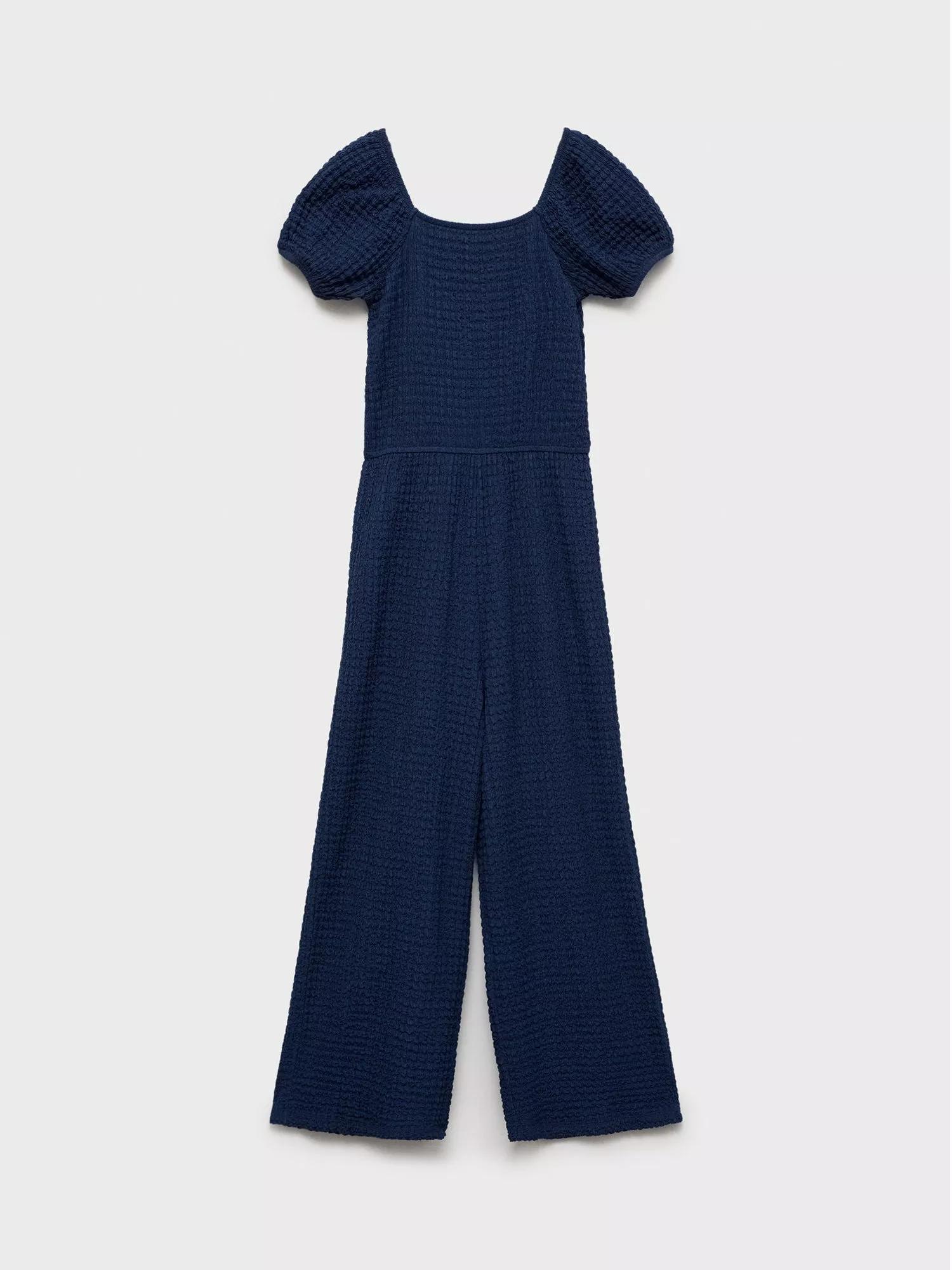 MANGO Boat Textured Wide Leg Jumpsuit in Dark Blue | endource
