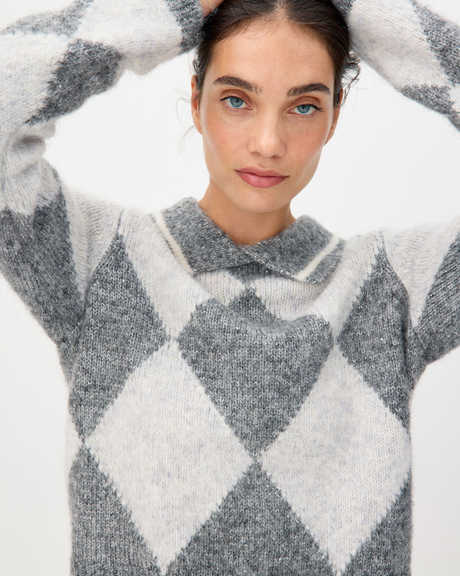OLIVER BONAS Grey Diamond Sequin Collared Knitted Jumper | endource