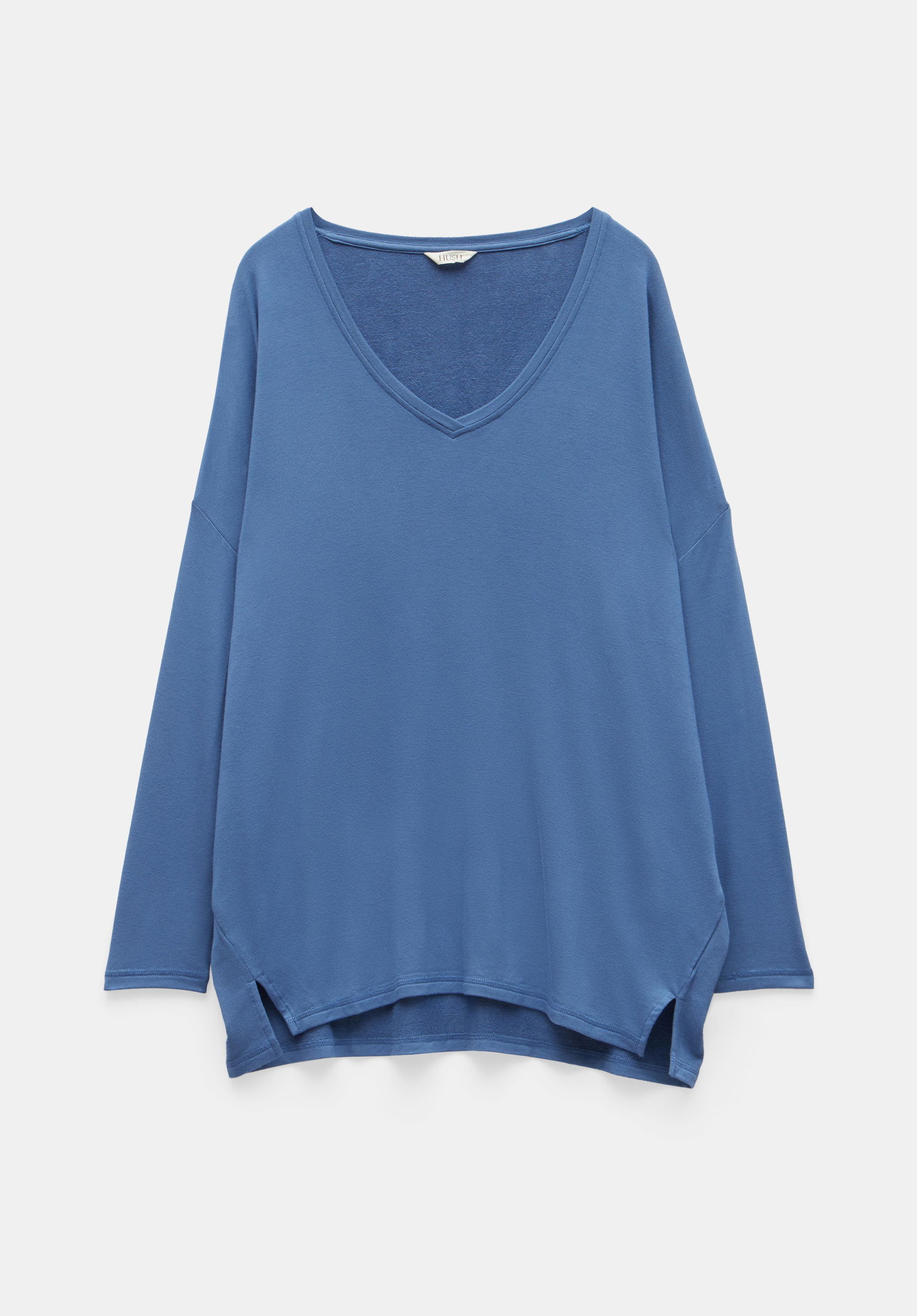 HUSH Gillian Wide Jersey V Neck Top in Denim Blue | endource