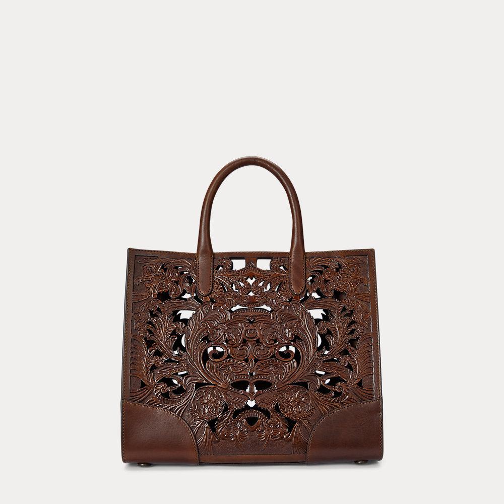 LAUREN RALPH LAUREN Tooled Leather Medium Devyn Tote Bag in Brown | Endource