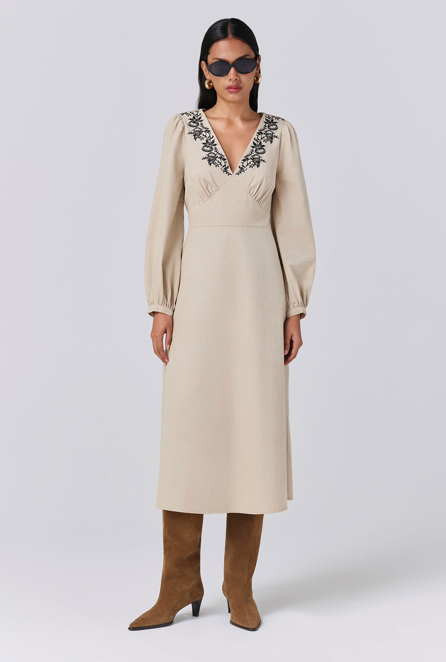 GHOST Sienna Embroidered Corduroy Midi Dress | endource