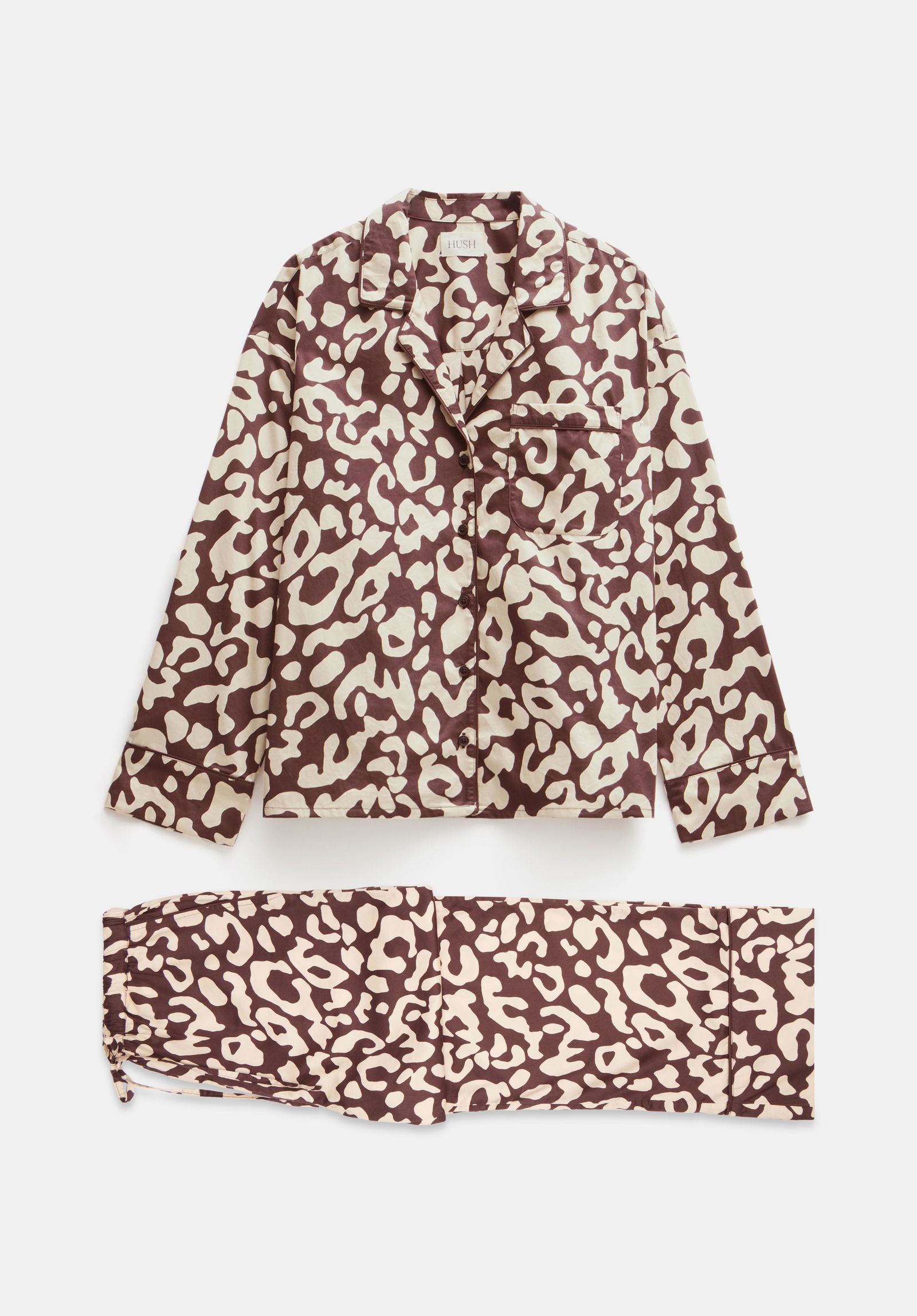 HUSH Angelina Cotton Satin Animal Print Pyjamas in Brown Leopard | endource