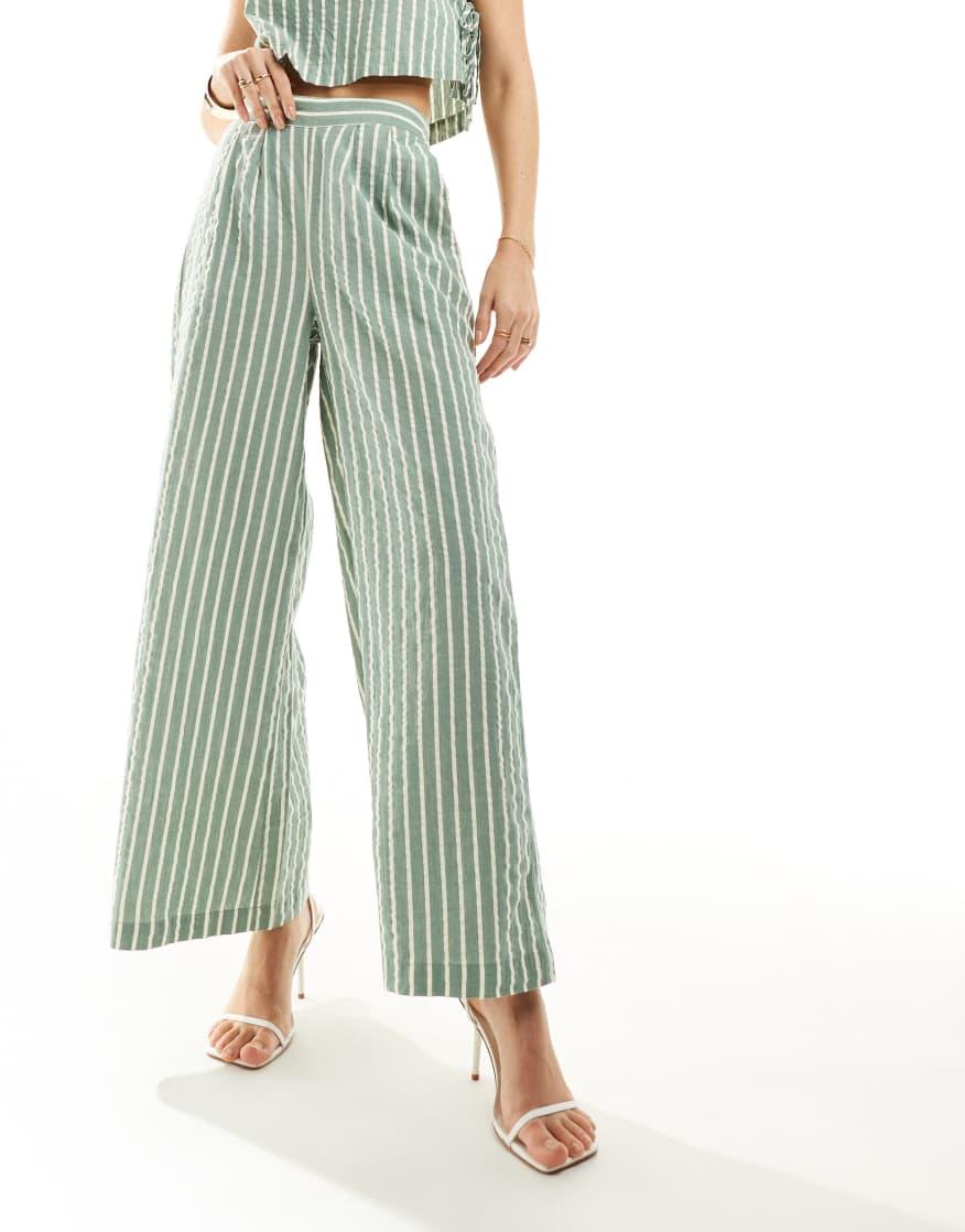 NOBODY'S CHILD Parker Wide Leg Trouser Co-Ord in Green stripe | endource