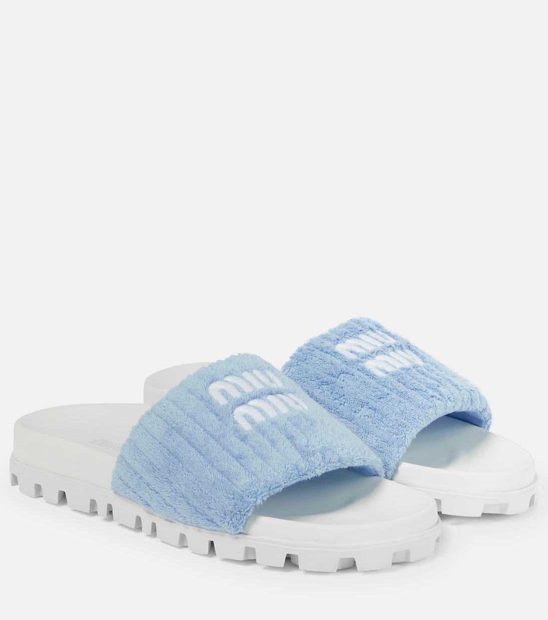 MIU MIU Logo Embroidered Terry Slides in Multicoloured | endource