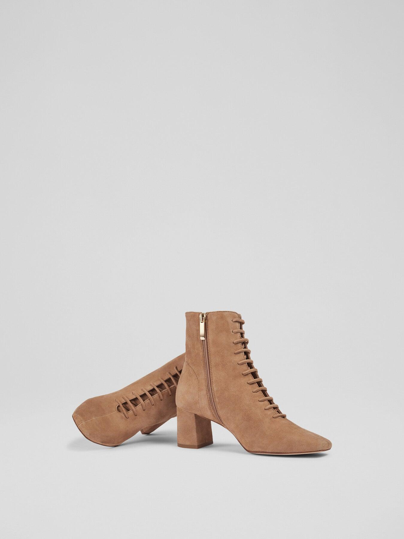 L.K. BENNETT Arabella Tan Suede Lace Up Ankle Boots | endource