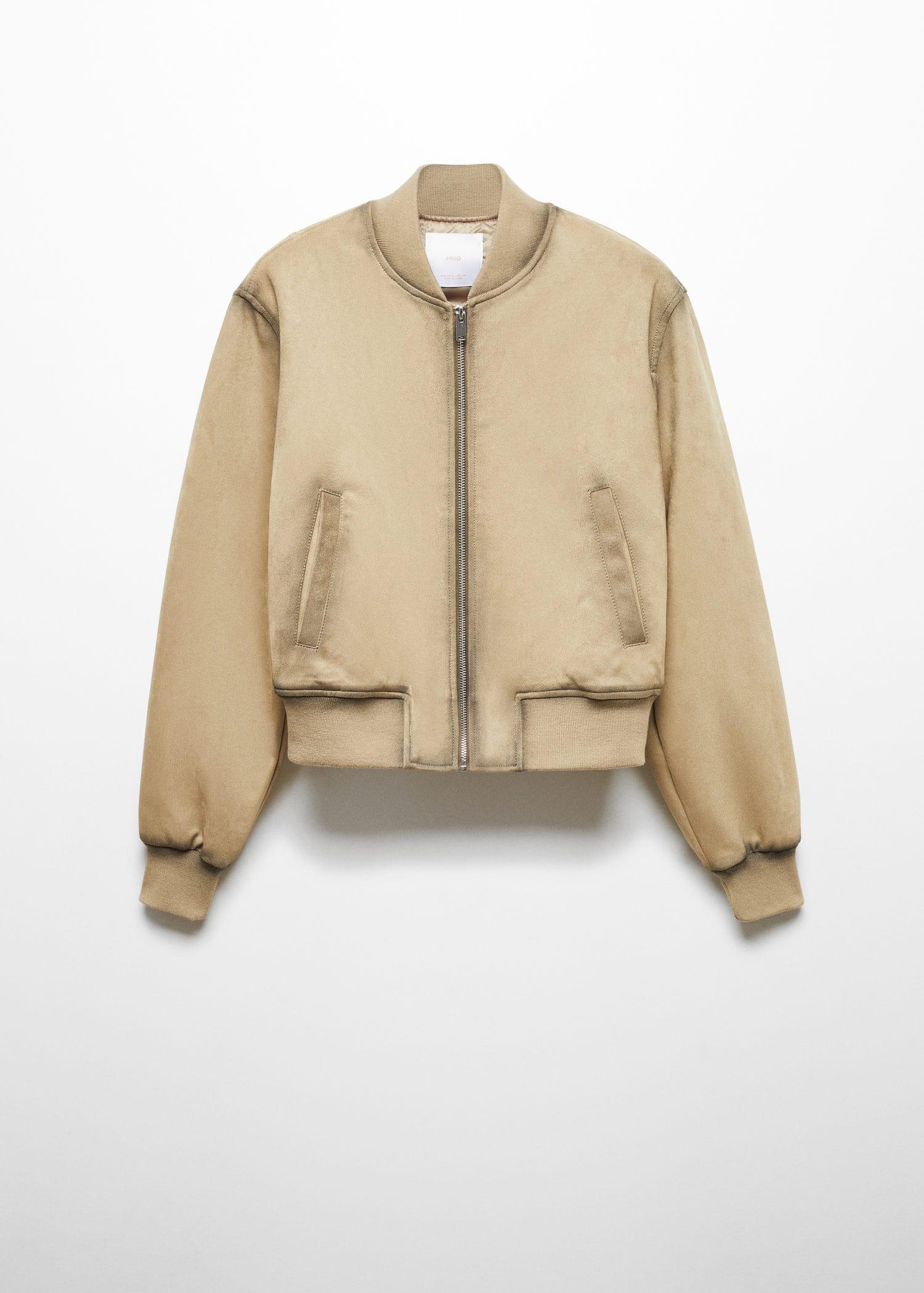 MANGO Worn Leather-Effect Bomber Jacket in Light/Pastel Grey | endource