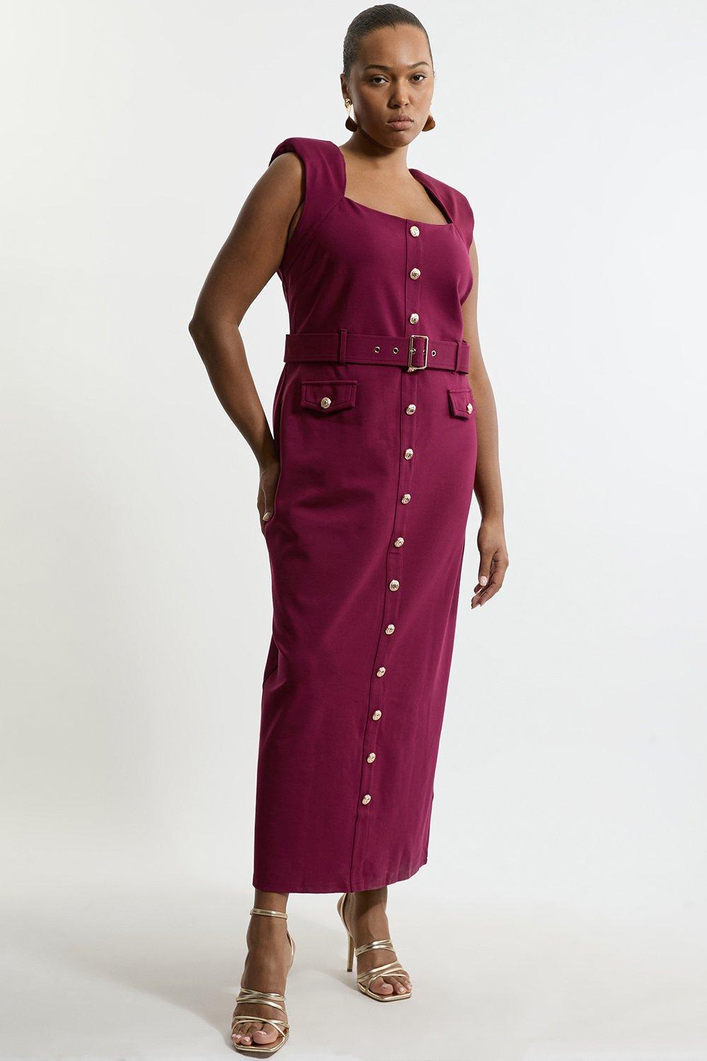 KAREN MILLEN Plus Size Ponte Belted Cap Sleeve Midi Dress in Plum | Endource