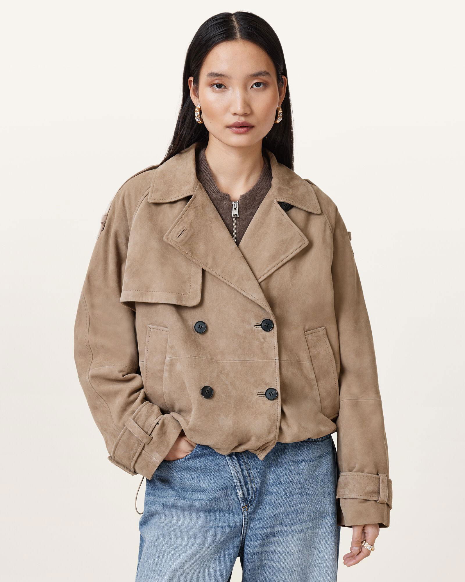 ALLSAINTS Reya Cropped Suede Mac in Greige Brown | endource