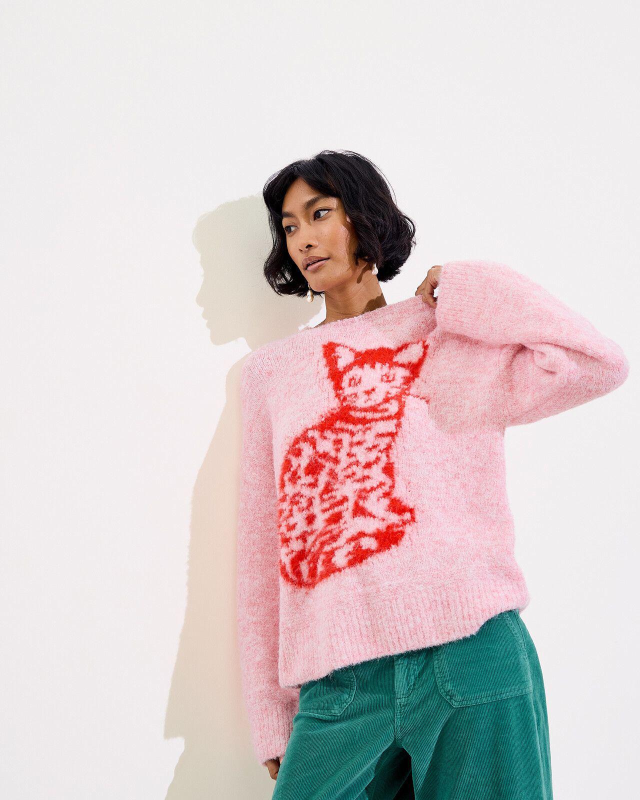 OLIVER BONAS Fluffy Cat Knitted Jumper in Pink | endource