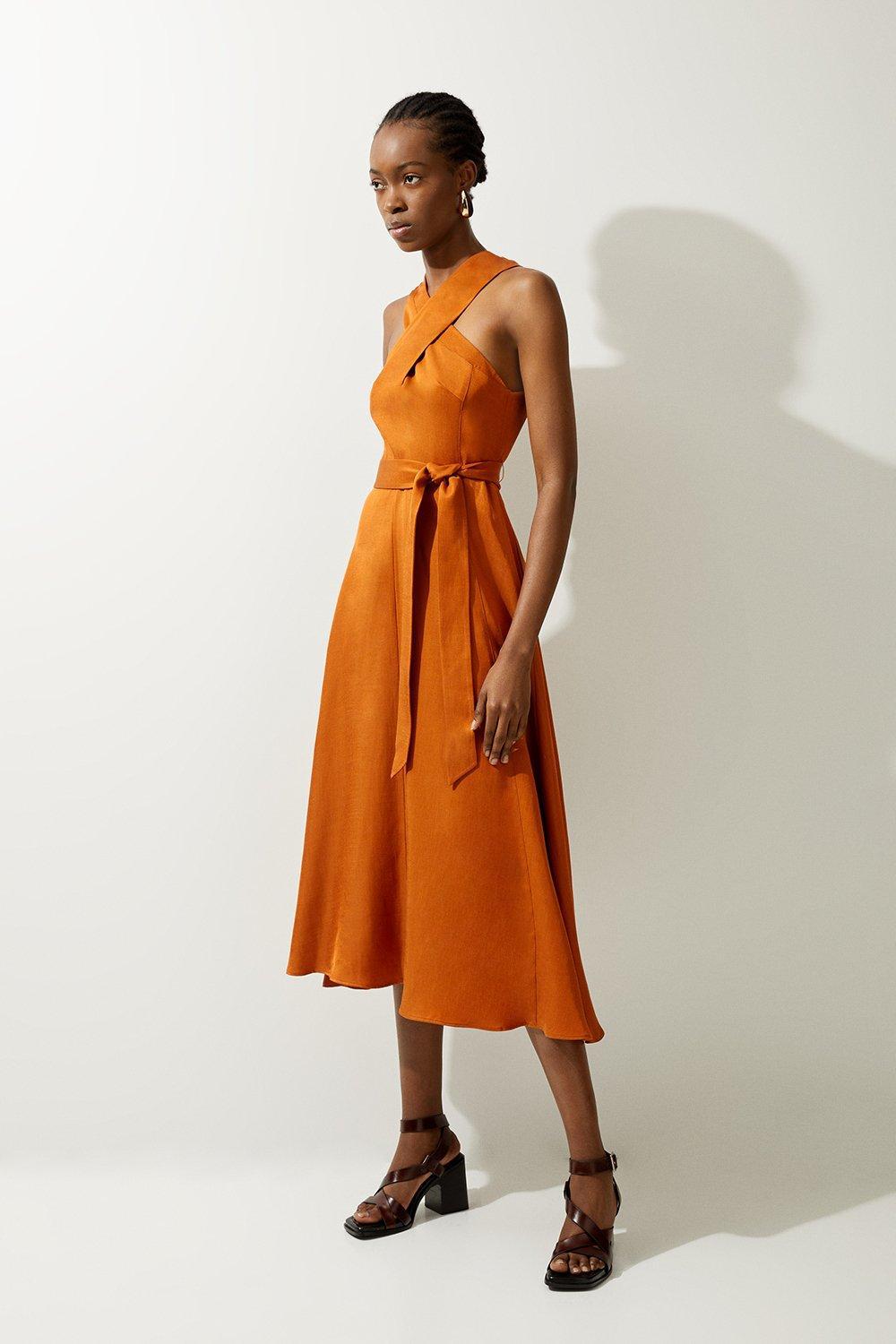 KAREN MILLEN Premium Linen Tailored Halterneck Full Skirted Midi Dress ...
