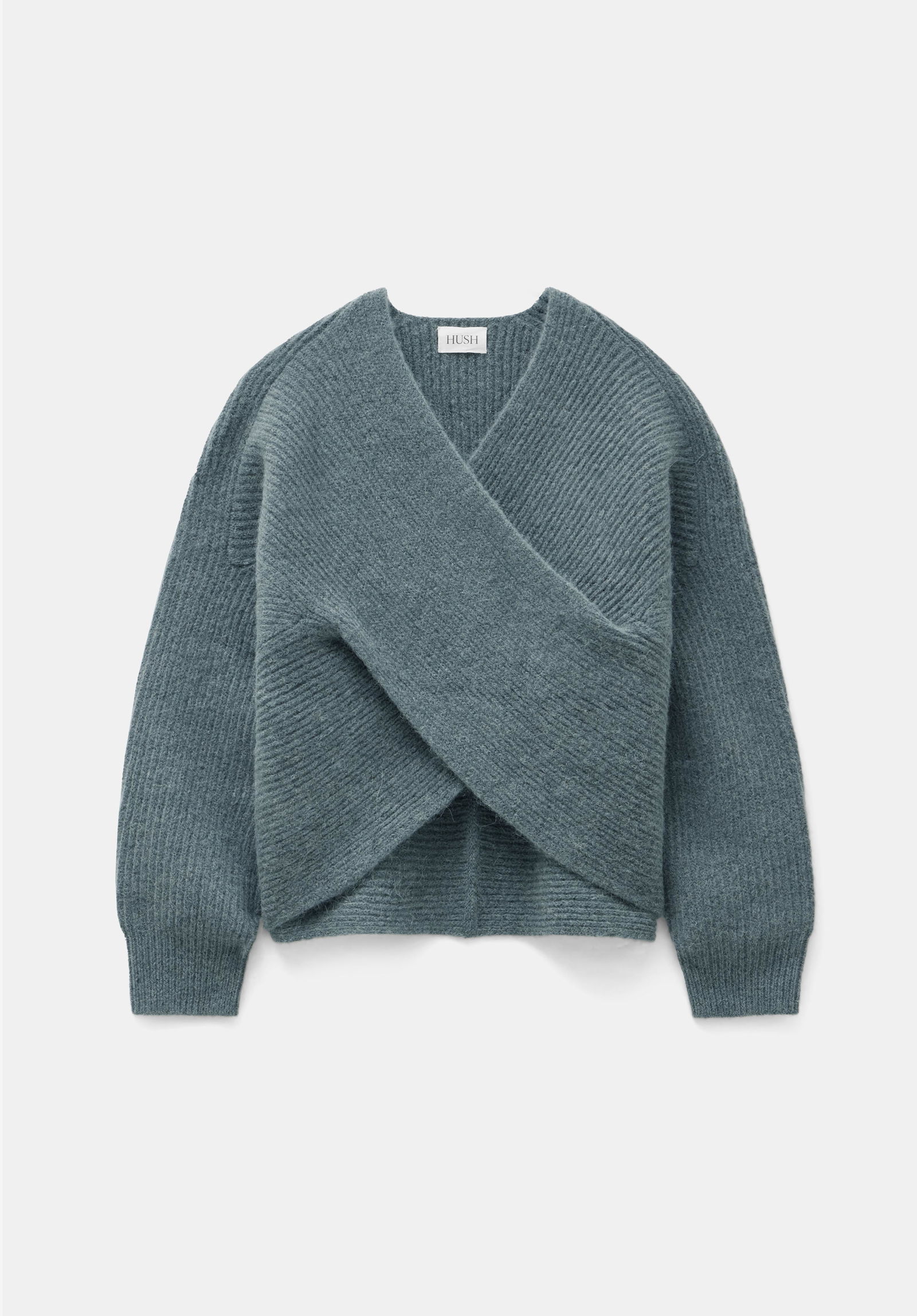 HUSH Betty Fluffy Cross Front Jumper in Sage Green | endource