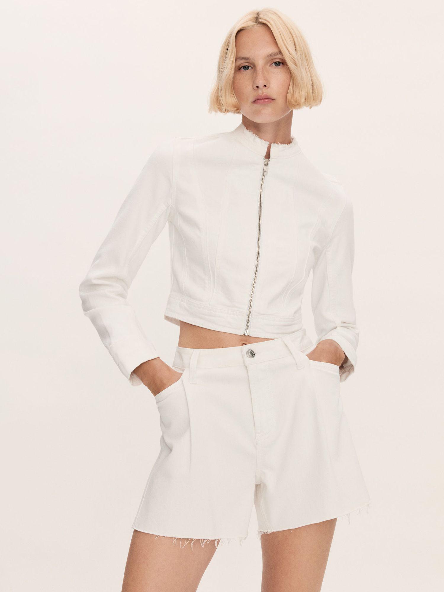MANGO Ibiza Frayed Hem Denim Shorts in White | endource