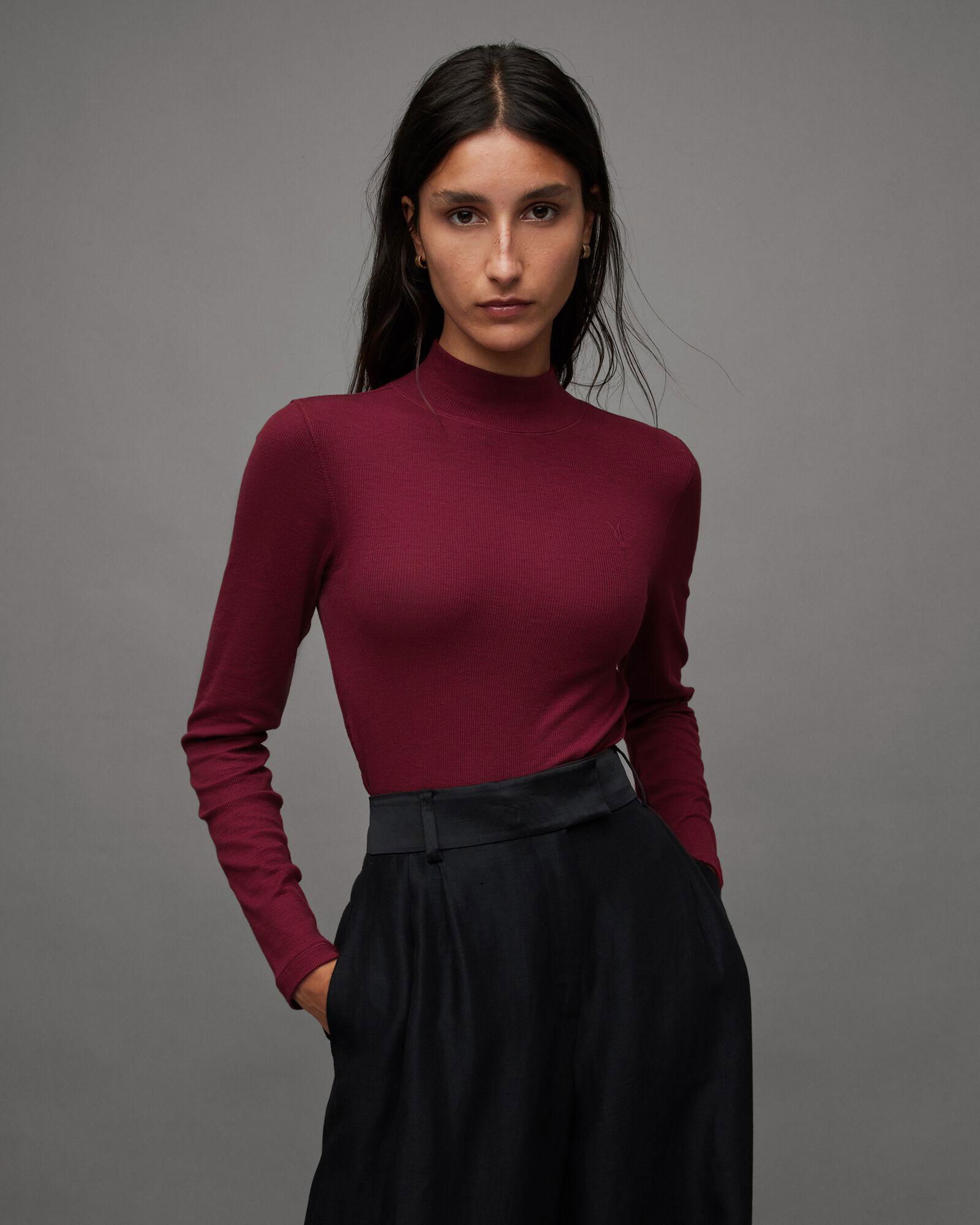 ALLSAINTS Rina Long Sleeve Roll Neck Top in Royal Red | Endource