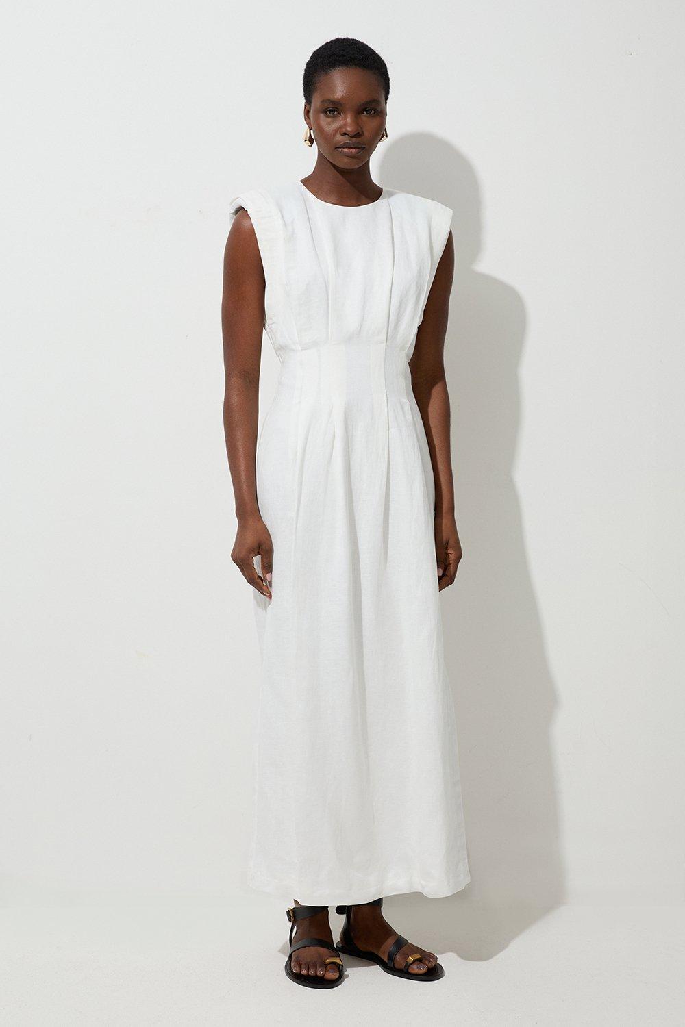 KAREN MILLEN Petite Linen Pintuck Midi Dress in White | endource