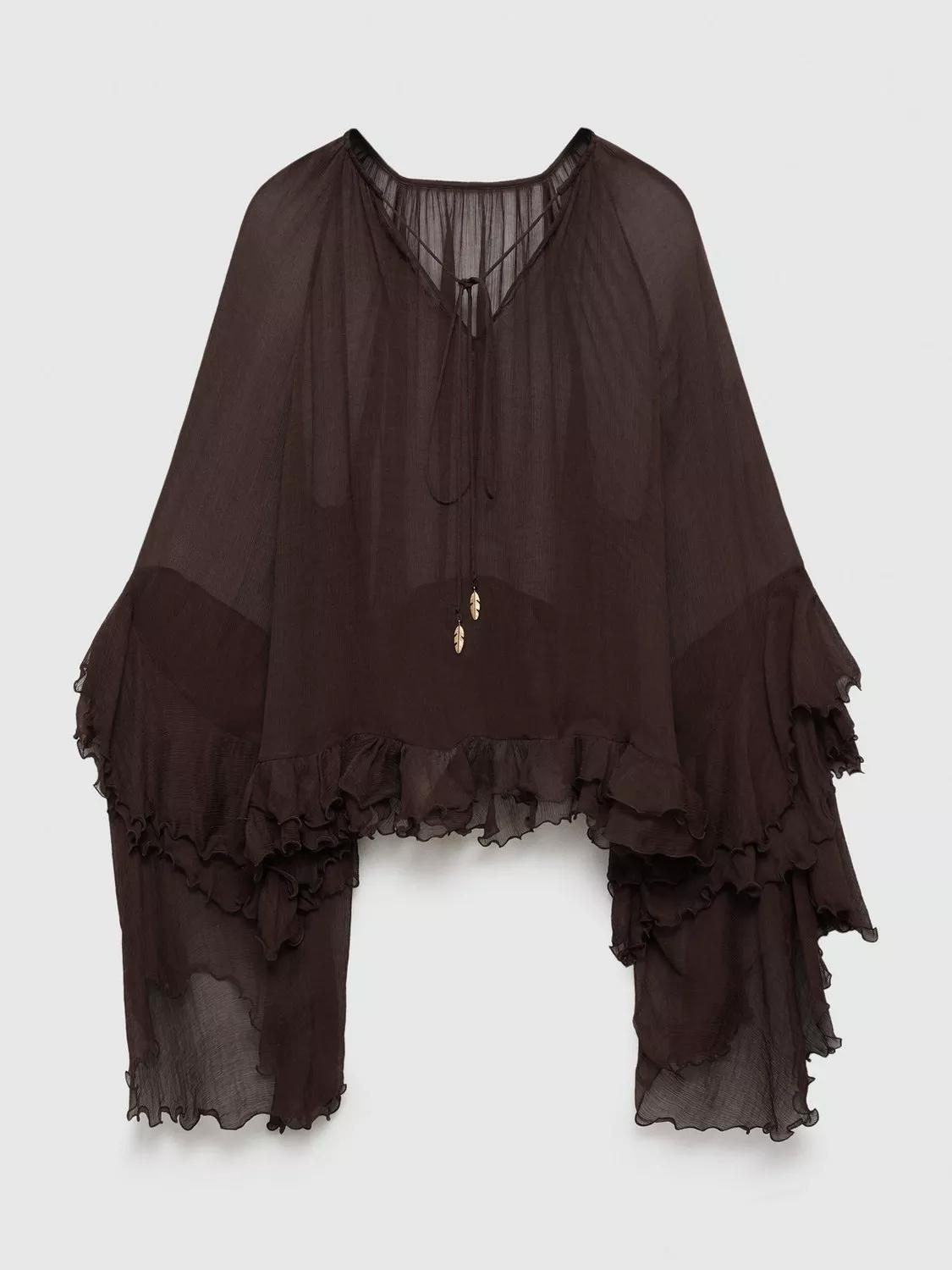 MANGO Cape Ruffle Blouse in Dark Brown | endource