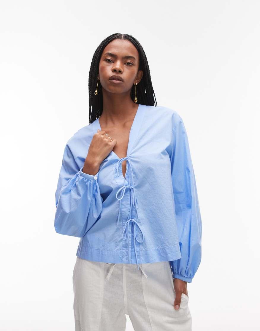 ARKET V-Neck Blouse With Bow Tie Front in BLUE | endource