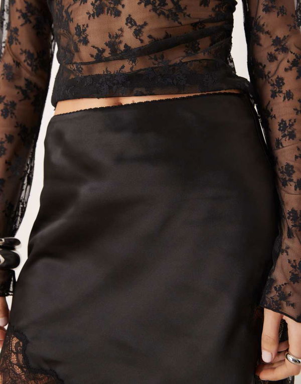 MANGO Asymmetric Mini Skirt With Lace Edge In Black | endource