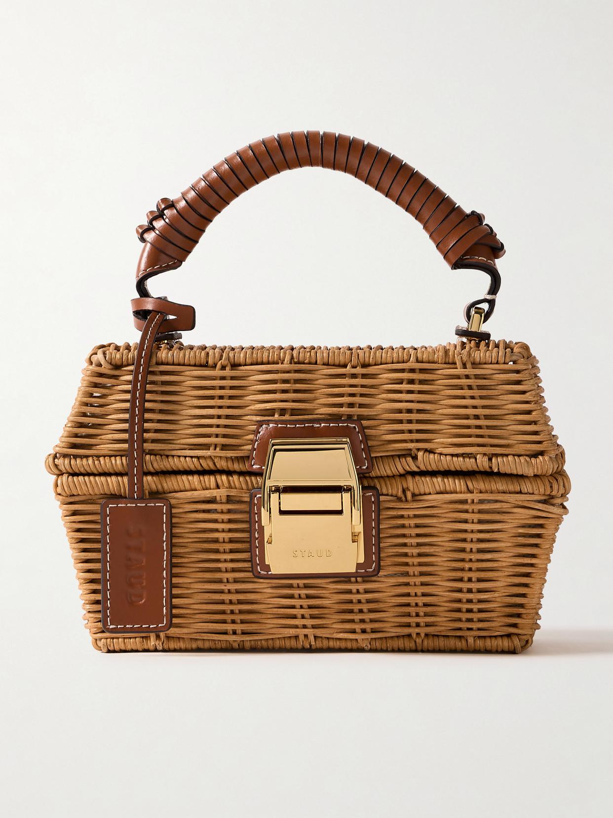 STAUD Tackle Box Leather-Trimmed Wicker Tote in Neutrals | Endource