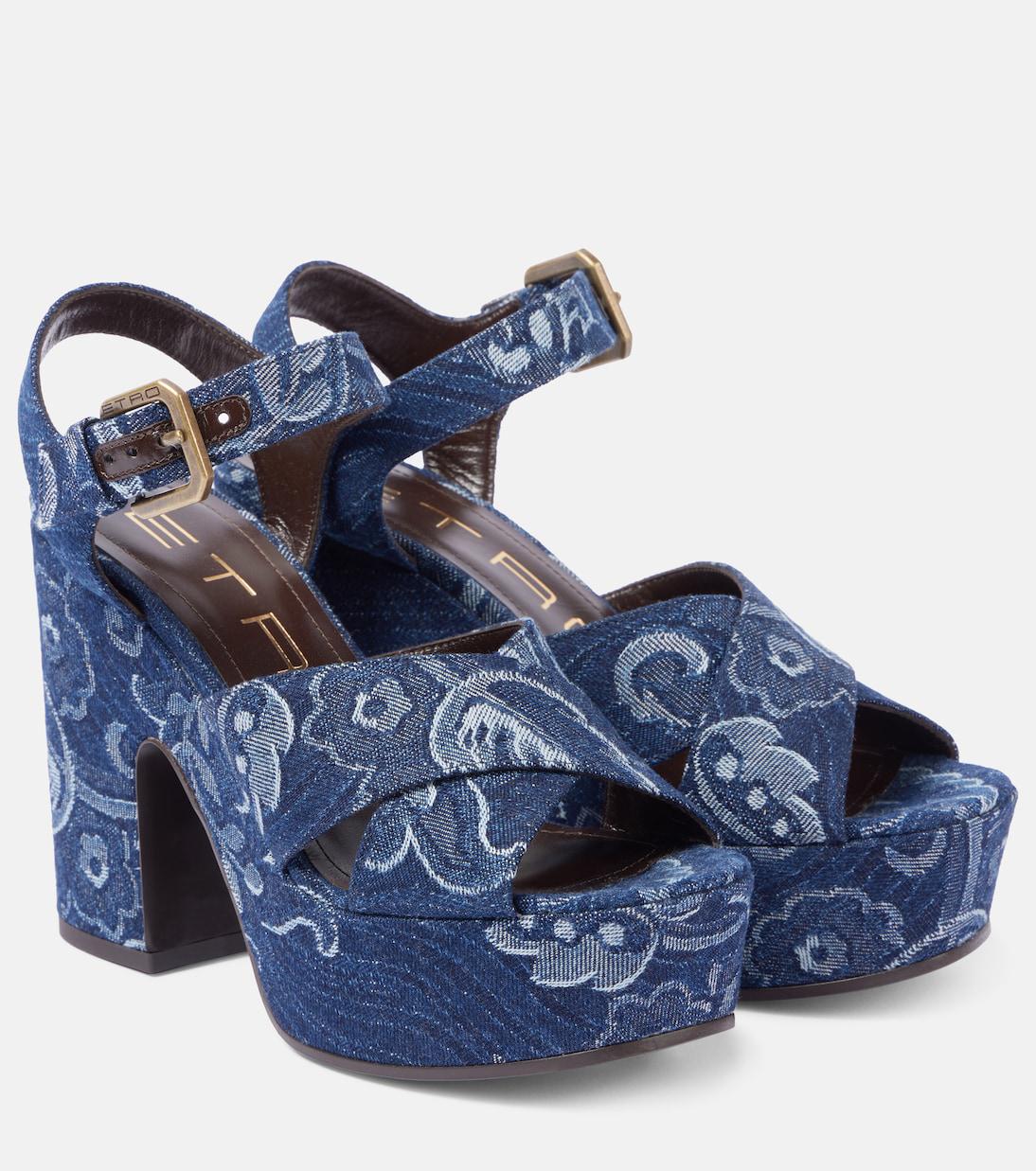 ETRO Jacquard Denim Platform Sandals in Blue | endource