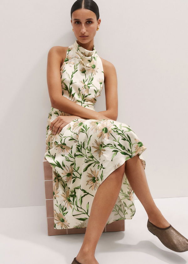 ME+EM Silk Growing Daisy Print Halterneck Maxi Dress Light Cream/Green ...