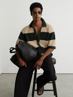 REISS Marek Cotton Block-Stripe Knitted Shirt In Dark Green/Camel ...