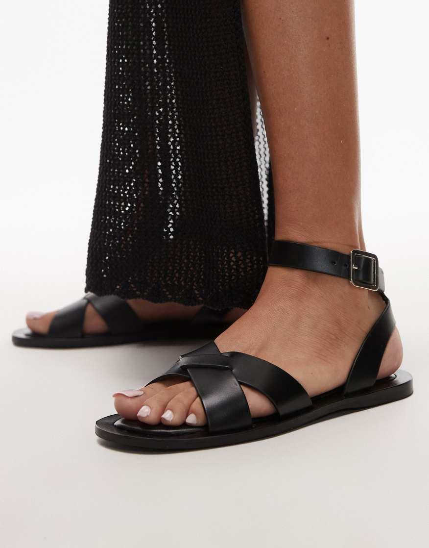 MANGO Leather Cross Over Strap Detail Sandal in BLACK | endource